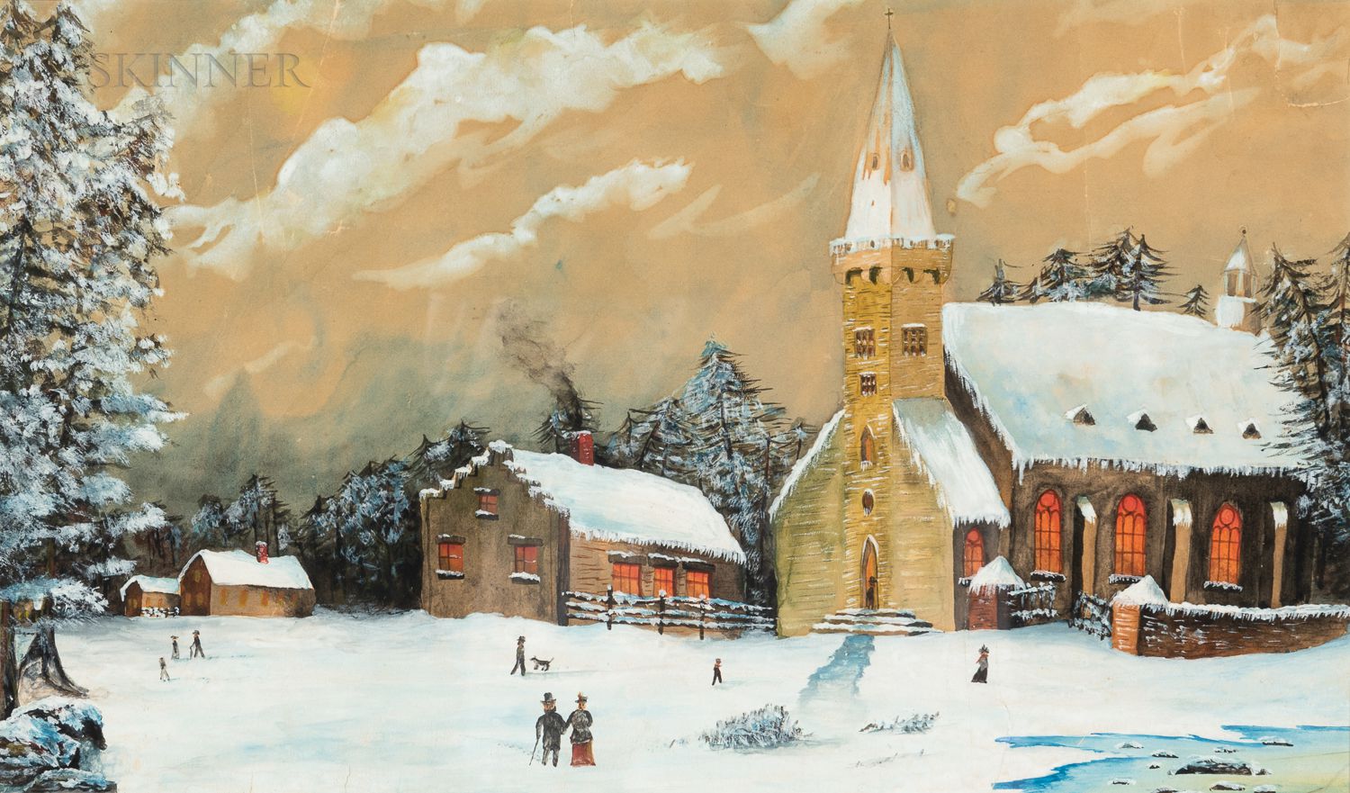 Sold at auction American School, 20th Century Churchyard Winter Scene ...